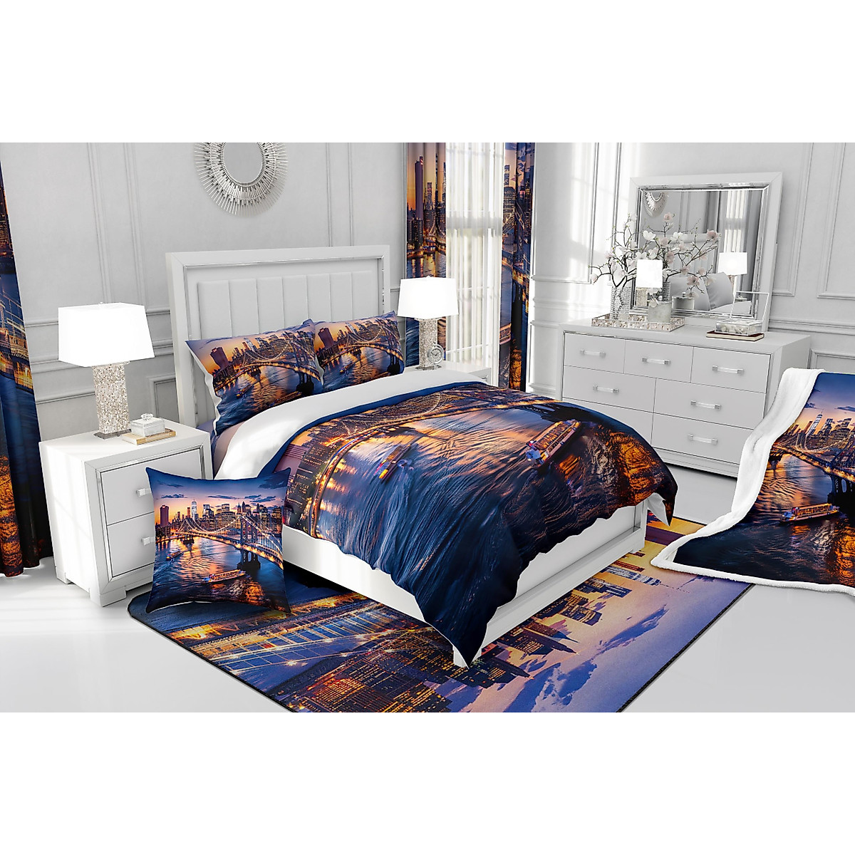 New York City Bedding Set Cityscape Duvet Cover King Size,Manhattan Skyline Comforter Cover Bridge Sunset Scenery Quilt Cover City Lights Bedroom Decor for Boys Girls Youth