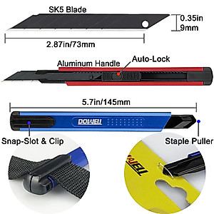 DOWELL Utility Knife Box Cutter Retractable Hobby Knife 6-Piece with 20-Piece 9mm Snap-Off Blades Heavy Duty Aluminium Handle Cutting Cardboard Boxes or DIY HY040108