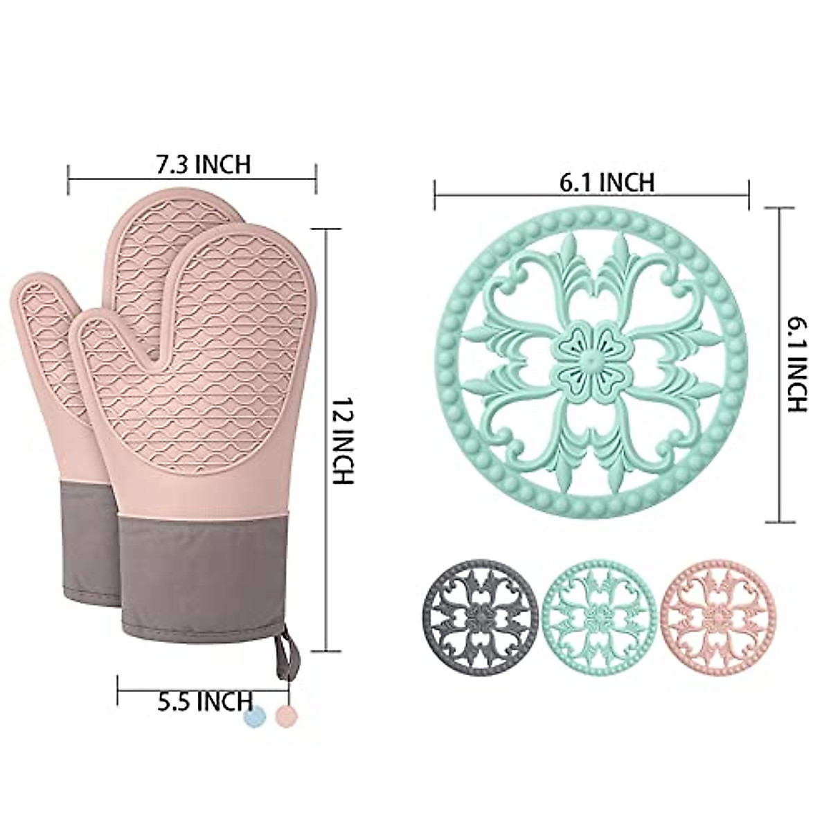 Silicone Oven Mitts Heat Resistant, Oven Mitts and Pot Holders Sets, Kitchen Mittens 5 Piece Set, Oven Gloves for Cooking,Baking,BBQ, Pink Oven Mitts, Easy Clean
