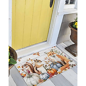 Fall Front Door Mat Outside Entrance, Thanksgiving Day Outdoor Indoor Low Profile Door Mats for Entryway, Funny Autumn Maple Leaves Pumpkin Squirrel Fox Welcome Mat Entry Doormats