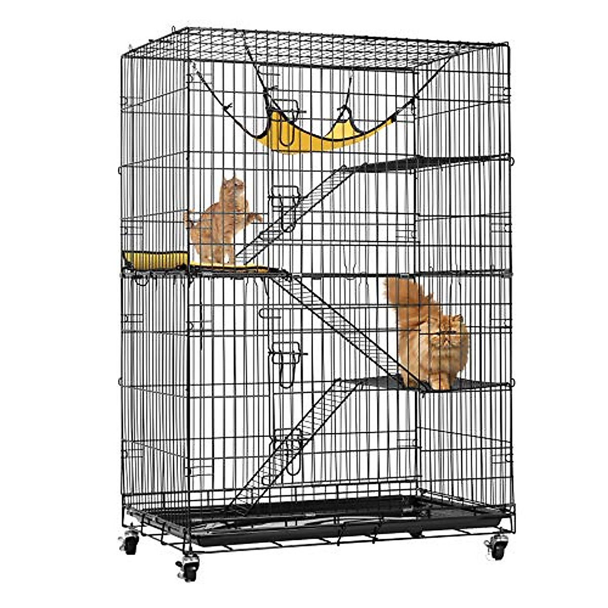 VIVOHOME 4-Tier 49 Inch Collapsible Metal Cat Kitten Ferret Cage 360° Rotating Casters Enclosure Pet Playpen with Ramp Ladders Hammock and Bed Black