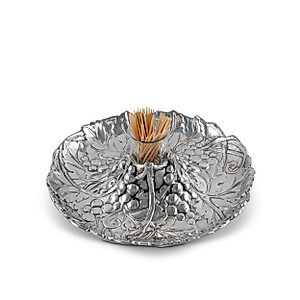 Arthur Court Aluminum Metal Grape Pattern Tidbit Cheese Hors d'oeuvres Tray with Glass for Toothpick - Entertaining Small Platter 10 inch Diameter x 2.25 inch Tall