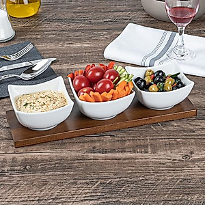 Restaurantware 15 Ounce Bowl Set with Tray - 1 Dishwashable Serving Set Includes 3 Porcelain Bowls And 1 Bamboo Tray Durable White Porcelain And Bamboo Bowl And Tray Set Reusable Freezable
