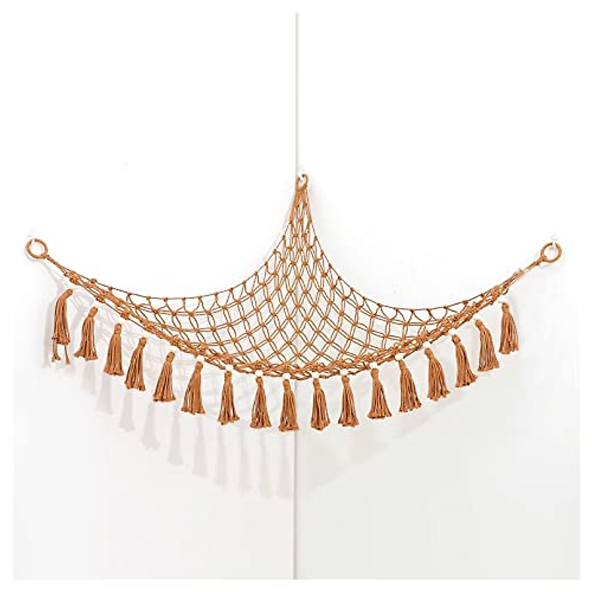 JIELAIMI Stuffed Animal Toy Storage Organizer, Toy Storage Hammock with Decorative Tassels Corner Large Capability Toy Net Holder (brown)
