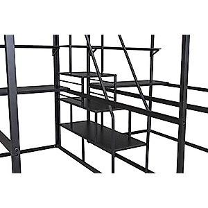 ATY Twin Over Twin Bunk Bed with 2 Desks and Shelves, 4-in-1 Metal Bedframe w/ 3 Storage Staircase & Safety Guardrail, Maximum Space Design, for Kids Bedroom, Dorm, Guestroom, Black