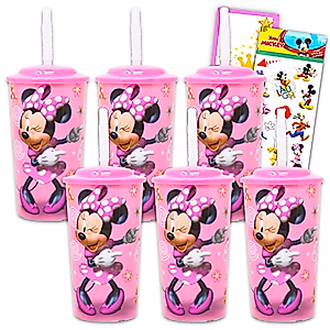 Disney Minnie Mouse Sippy Cup Set - 6 Pack Minnie Tumbler with Straw Bundle With Mickey Stickers and Princess Door Hanger (Minnie Cup for Toddlers Kids Adults)
