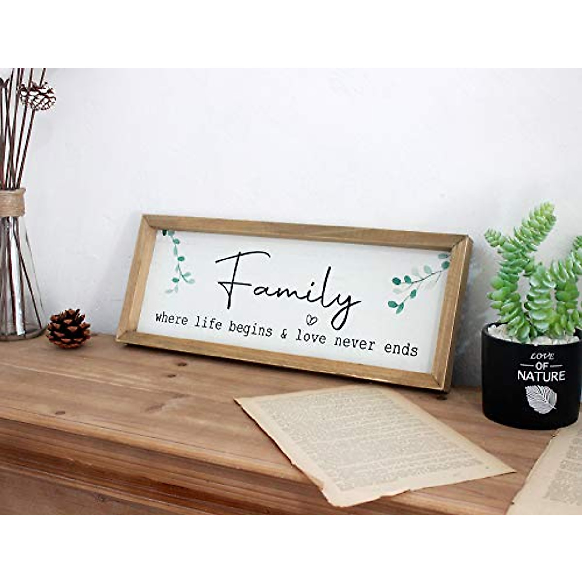 Wartter 16.2x6.4 inches Family Wood Framed Wall Sign with Inspirational Quotes - Family Where Life Begins & Love Never Ends (Family)