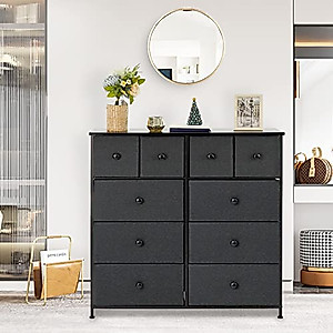 SENSWEET 10 Dresser for Bedroom, Big Fabric Dressers & Chests of Drawers for Living Room, Hallway/Nursery/Clothes Dresser with Steel Frame & Wood Top （Dark Grey