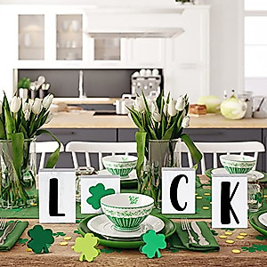 7 Pcs St. Patrick’s Day Tiered Tray Decor Lucky Shamrock Table Wooden Signs Lucky Letter Sign Freestanding Wooden Luck Blocks Shamrock Wood Letters Block for Irish Home Party Decor