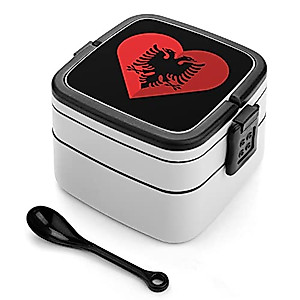 Albania Flat Heart Flag Lunch Box Portable Double-Layer Bento Box Large Capacity Lunch Container Food Container with Spoon