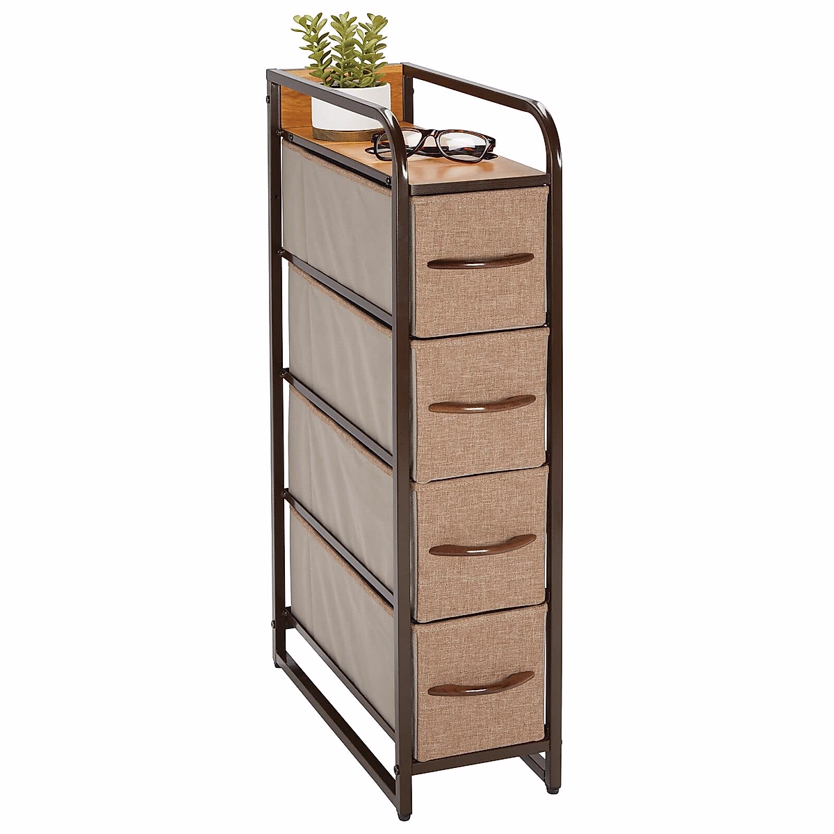 mDesign Slim Steel Frame Organizer Dresser Unit, 4 Removable Fabric Drawers/Metal Top, Furniture for Entryway, Hallway, Bedroom, Office, Closet Organization, Lido Collection, Coffee/Espresso Brown