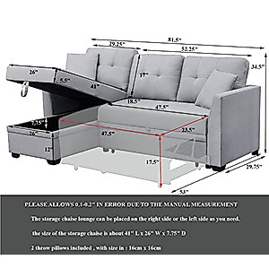 Sleeper Sectional Sofa Pull Out Sofa Bed for Small Spaces Small Sectional Couch Bed for Living Room with Storage Chaise for Apartment Bedroom,Guest Room, Grey
