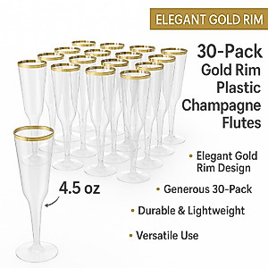 Oojami 30 Plastic Classic Champagne Disposable Flutes for Parties Plastic cups Wedding Party Toasting Cocktail Cups Bulk Party Pack (Gold Rim)