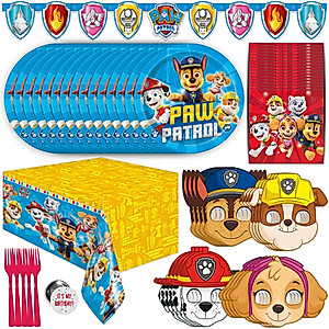 Unique Paw Patrol Birthday Decorations | Paw Patrol Party Supplies | With Paw Patrol Tablecloth, Paw Patrol Plates, Napkins, Character Masks, Forks, Button | Serves 16 Guests