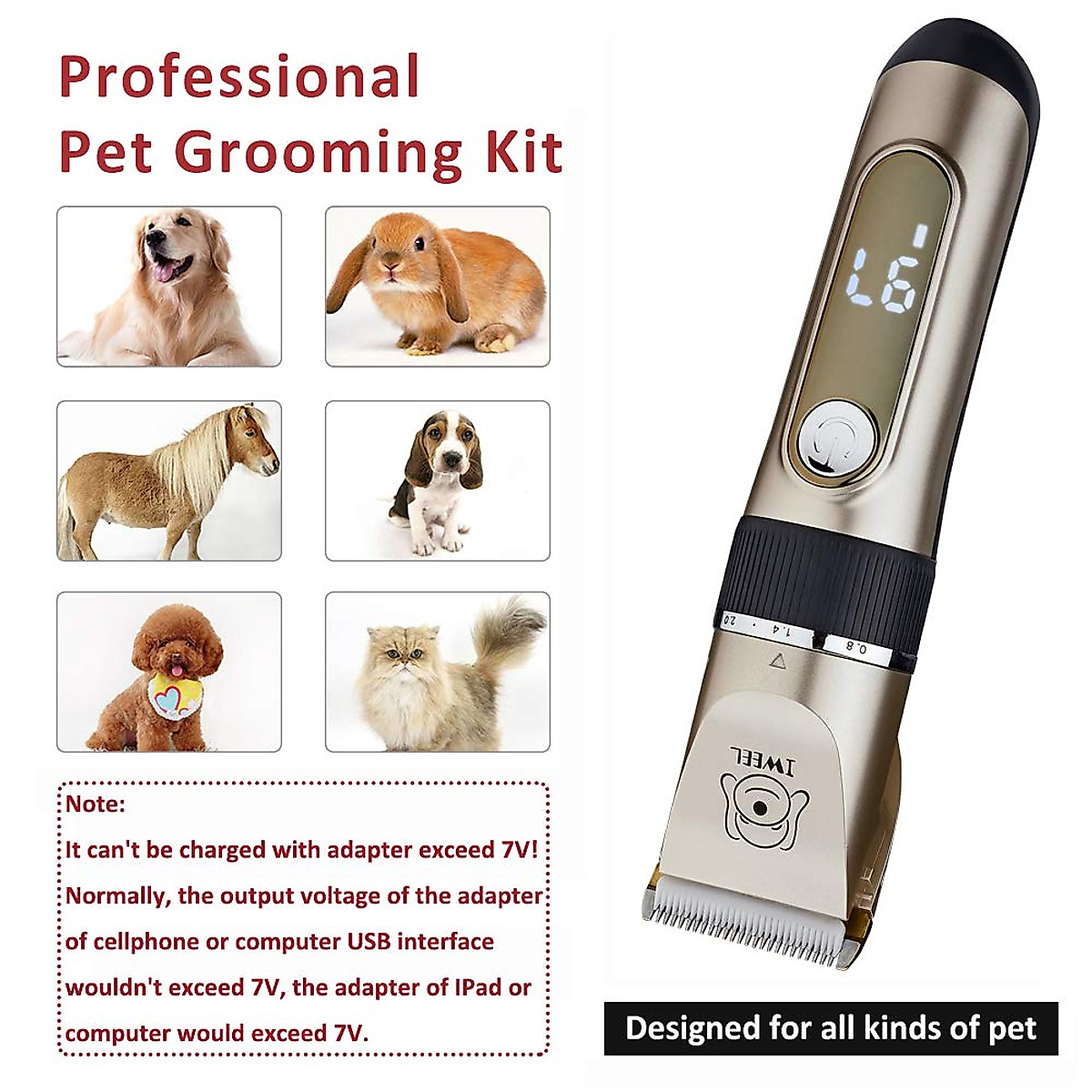 IWEEL Dog Clippers, 2-Speed Professional Rechargeable Cordless Cat Shaver and Low Noise Water Proof Electric Dog Trimmer Pet Grooming Kit Animal Hair Clippers Tool with Scissors Combs