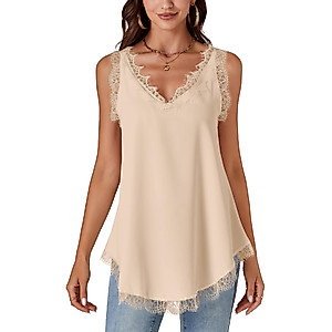 LYANER Women's Summer Sexy V Neck Lace Trim Basic Sleeveless Tank Top Blouse Shirt Beige Medium