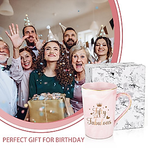 YHRJWN - 50th Birthday Gifts for Women, Fifty and Fabulous Mug, 50th Birthday Gift Ideas for Women Turning 50, Happy 50th Birthday Gifts for Mom Sister Coworker, Pink 14 Oz with Spoon, Coaster, Box
