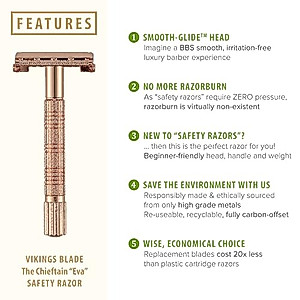 VIKINGS BLADE Safety Razor for Women + 5 Swedish Steel Blades. Quick Release Head, Double Edge. Smooth, Reusable, Eco-Friendly (Model: Eva)