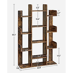 VASAGLE Bookshelf, Tree-Shaped Bookcase with 13 Storage Shelves, Rounded Corners, 9.8”D x 33.9”W x 55.1”H, Rustic Brown ULBC67BXV1