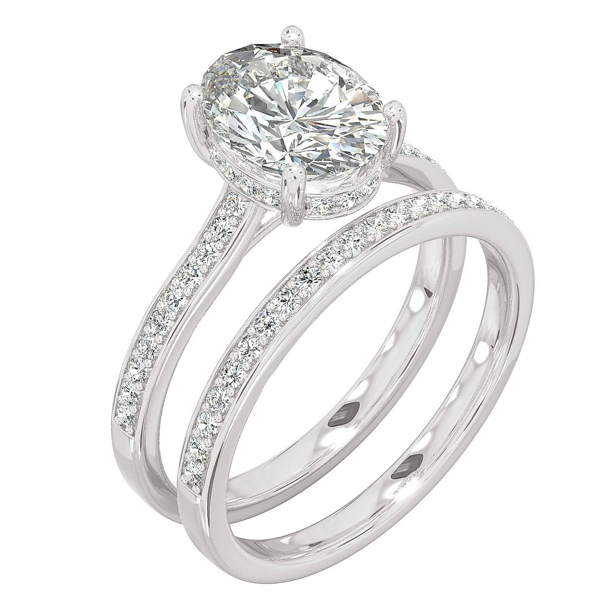 Charles & Colvard Created Moissanite 9x7mm Oval Cut Bridal Ring Set for Women | 2.55 cttw DEW | Lab Grown | Solid 14K White Gold with Rhodium | Size 6.5