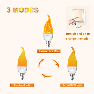 Bitrue LED Flame Light Bulbs, 3 Modes Flame Effect Light Bulbs, E12 Chandelier Base Candle Fire Light Bulb, Flickering Light Bulbs for/Home/Party Decor (E12-6 Pack)
