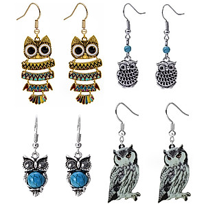 CUTIEJEWELRY Owl Bird For Women Ladies Jewelry Dangle Earrings (Owl) 4 PAIRS