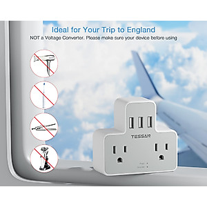 US to UK Plug Adapter, TESSAN Type G Power Converter with 2 Outlets 3 USB Charger, Ireland Travel Adaptor for USA to England Scotland Kenya Dubai London British Qatar Irish Hong Kong