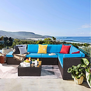 Furniwell 7 Pieces Patio Furniture Sectional Set Outdoor Wicker Rattan Sofa Set Backyard Couch Conversation Sets with Pillow, Cushions and Glass Table (Blue)