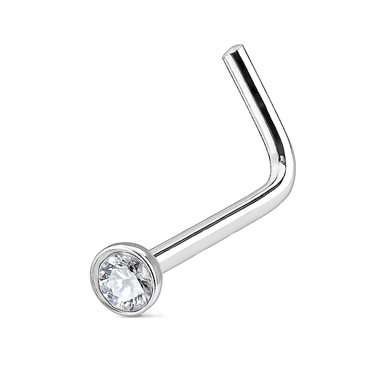 FIFTH CUE Solid Grade 23 Titanium Press Fit Cubic Zirconia 2.5mm Micro Ball Top L bend Stud Nose Ring (20G)