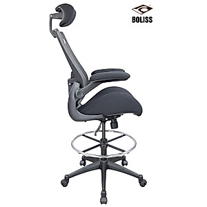 BOLISS 400lbs High-Back Mesh Ergonomic Drafting Chair,Tall Office Chair, Standing Desk Chair,Adjustable Headrest,with Flip-Up Arms,Lumbar Support Swivel Computer Task Chair-Black
