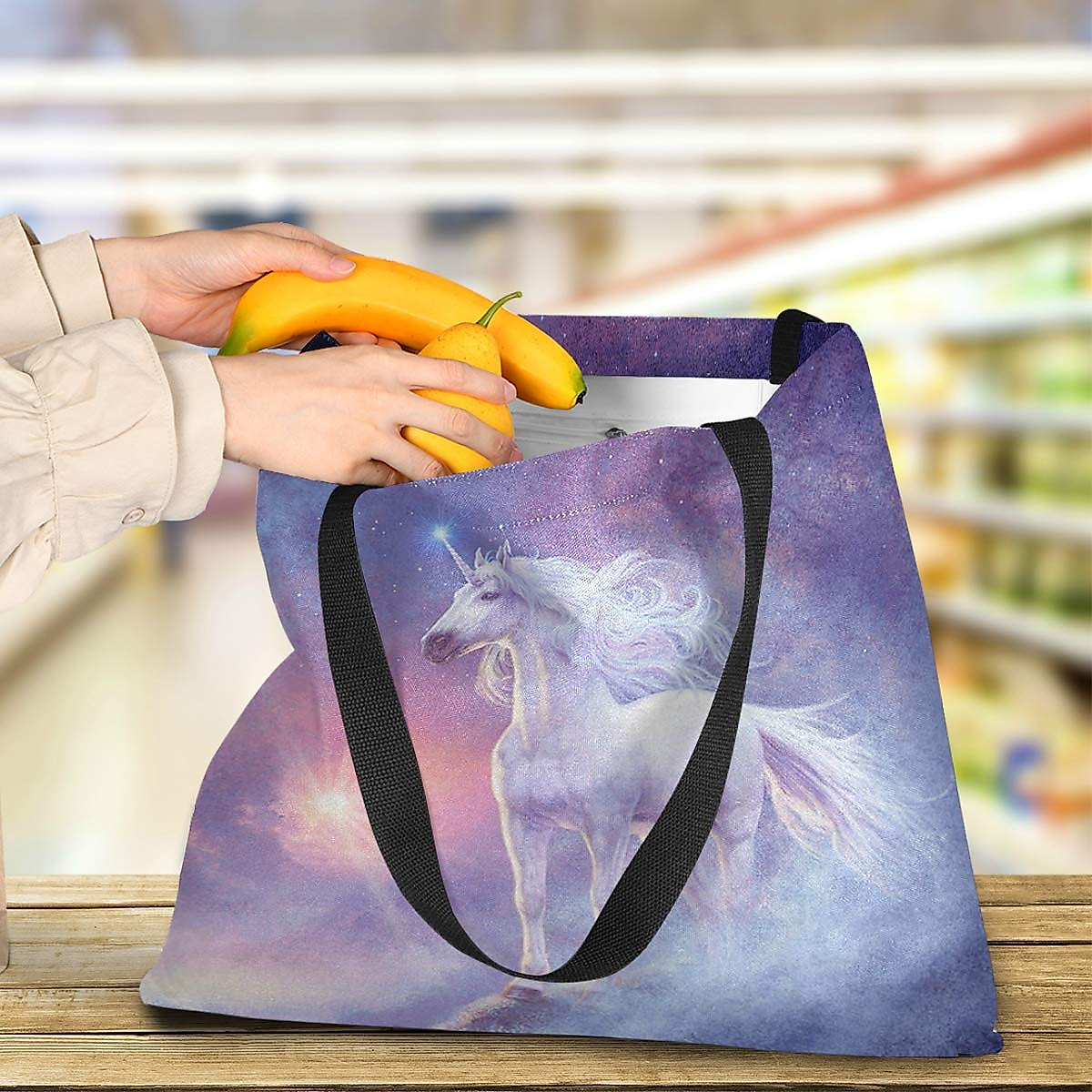 visesunny Women's Large Canvas Tote Shoulder Bag Unicorn Top Storage Handle Shopping Bag Casual Reusable Tote Bag for Beach,Travel,Groceries,Books