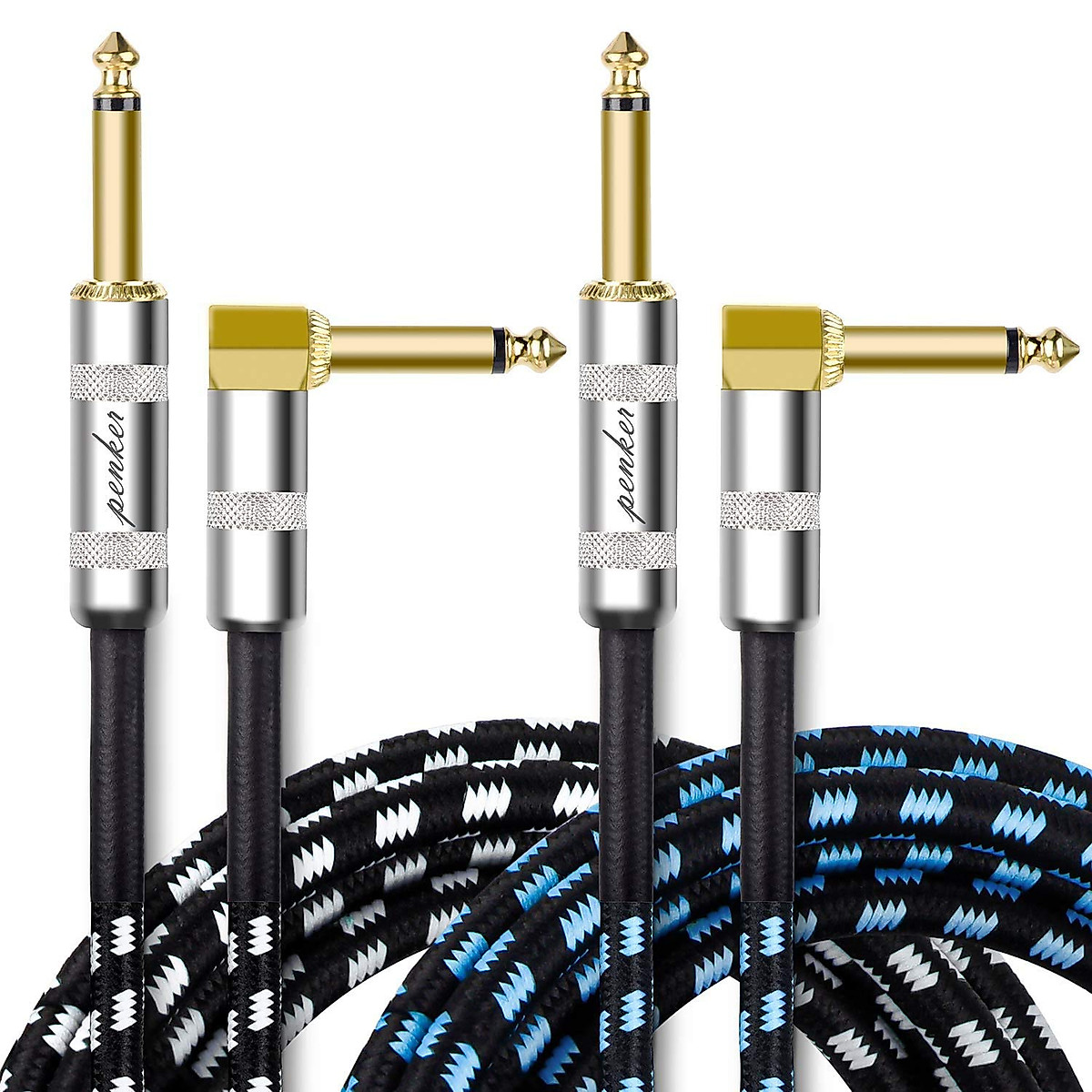 Penker Guitar Instrument Cable 10 Foot,1/4 Inch Right Angle to 1/4 Inch Straight Gold Plated Guitar Cord,Good for Instrument Electric Guitar/Bass/Keyboard with Black Blue
