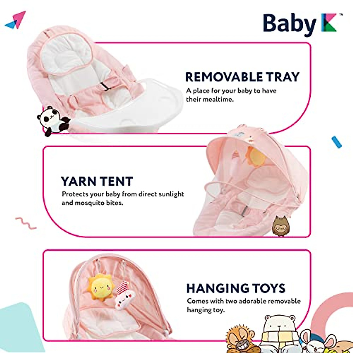 BABY K Pink Baby Girl Swings for Infants with Tray - Portable Newborn Swing and Cradle to Help Your Infant Sleep - Soothing Rocker for Babies That Offers Different Modes, Music & Hanging Toys