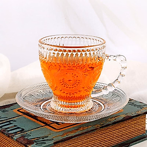 cosnou Vintage Glass Tea Cups with Saucers, Glass Mugs 7 Oz Set of 6 Espresso Coffee Embossed Glassware with Handle, for Cappuccino, Latte, Cereal, Yogurt, Beverage Hot/Cold, Milk…