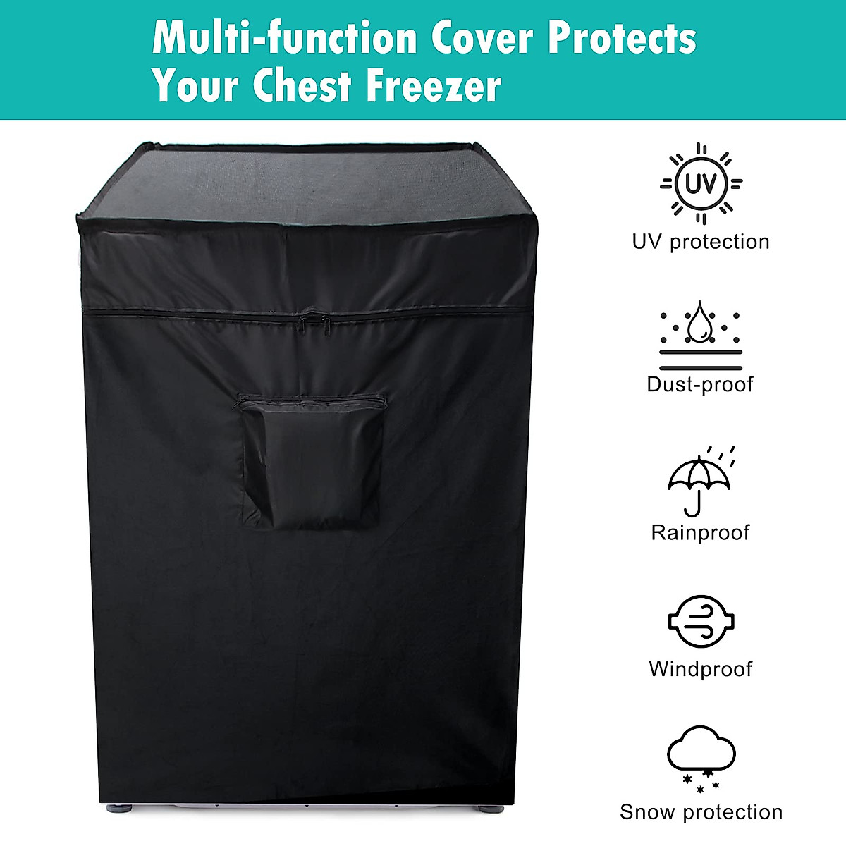 Black Chest Freezer Cover, Luxiv Waterproof Freezer Cover 25Lx23Wx34H Compact for 3.5 Cubic Feet Chest Freezer Full Cover Deep Freezer Cover with Top Cover for Open, Zipper Pocket, Strap