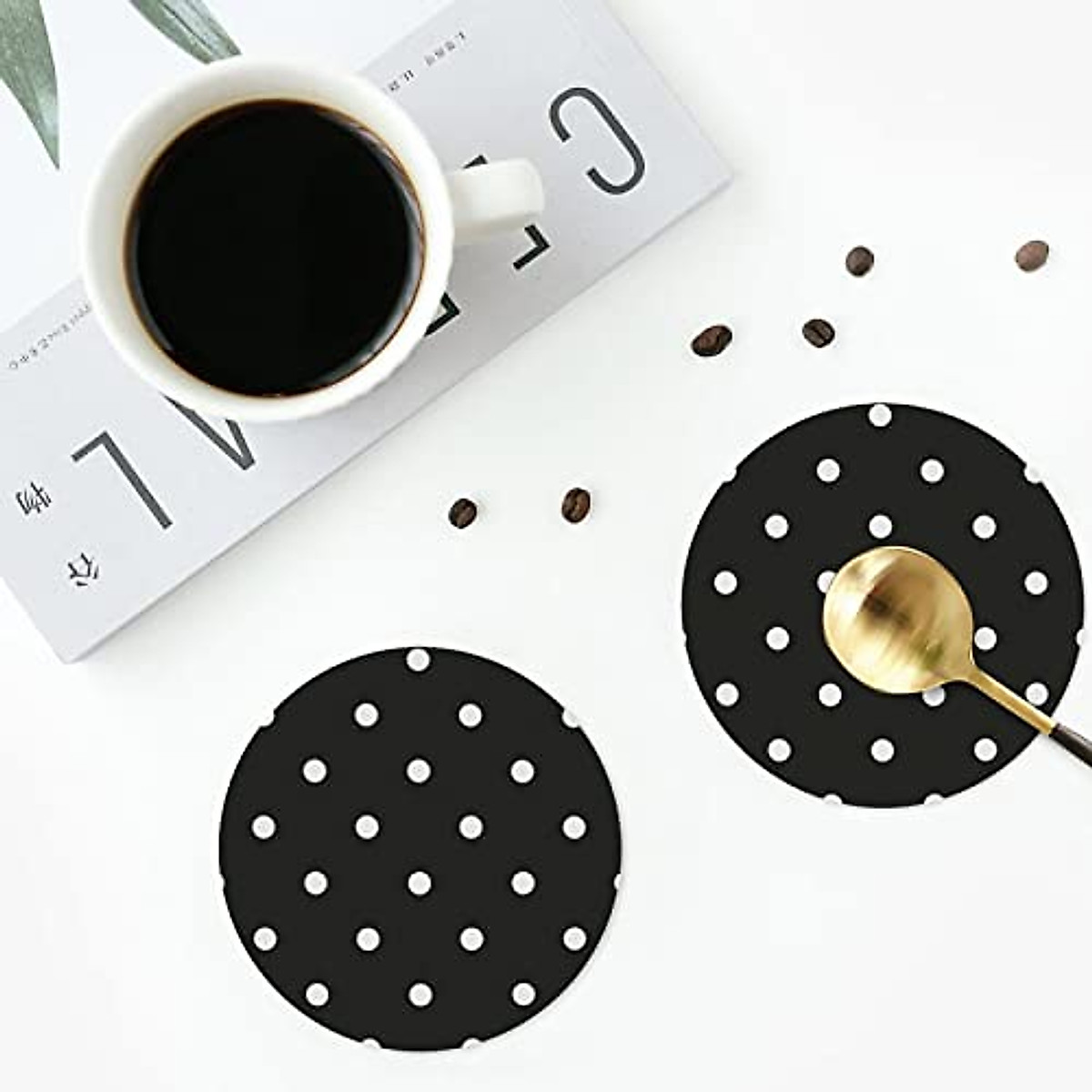 Black and White Polka Dot Print Pattern Leather Drinks Coasters Set of 6, Housewarming Gift, Suitable for Kinds of Cups