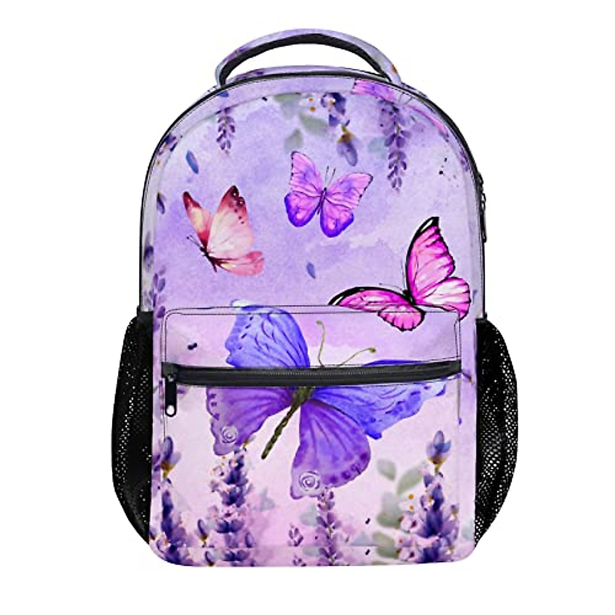 Lamtwbos Purple Butterfly Lavender Kids Backpacks for Girls Middle-School Elementary Bookbags 17 Inch Waterproof Lightweight Schoolbag for Kids