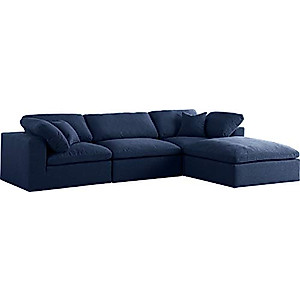 Meridian Furniture Serene Collection Modern | Contemporary Deluxe Comfort Modular Sectional, Soft Linen Textured Fabric, Down Cushions, 2 Corner + 1 Armless + 1 Ottoman, Navy