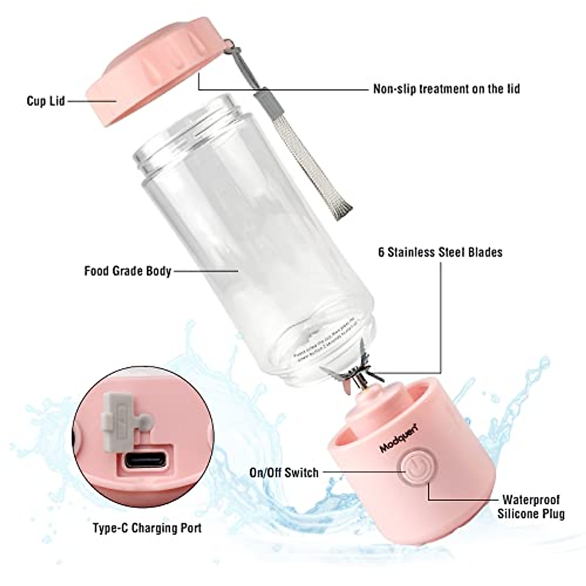 Modquen Portable Blender, 14 oz Personal Size Blender for Shakes and Smoothies, 220 Watt BPA-Free Mini Blender Cup, USB Rechargeable Cordless Blenders (Pink)