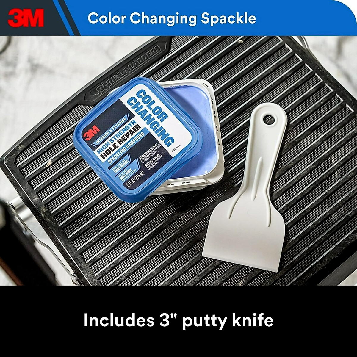 3M High Strength Spackling Compound 12 oz. and Putty Knife, Color Changing, Applies Blue, Dries White, Ideal for Use on Drywall, Plaster, Stoccu and Wood, Easy Interior and Exterior Repairs (CC-SIOC)