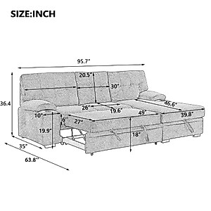 L-Shaped Sectional Sofa, YOGLAD Convertible Pull Out Bed, Sleeper Couch with Storage Lounge Chaise on Right hand side, Corner Sofa Bed with Cup Holder, 95", Furniture for Living Room (Polyester, Gray)