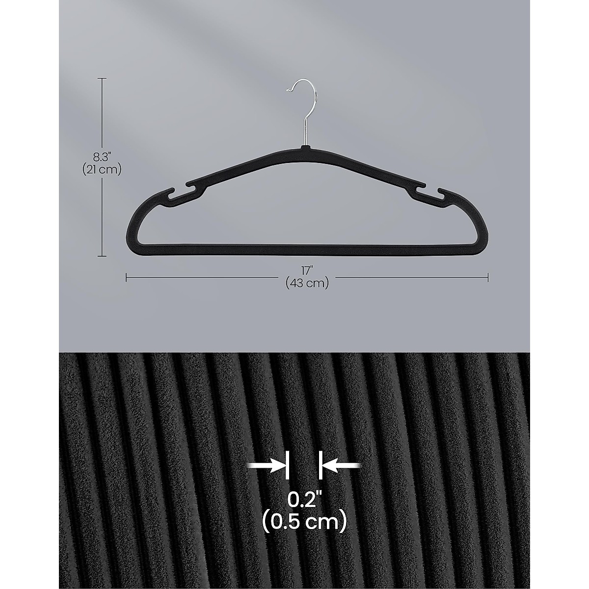 SONGMICS Velvet Hangers 50 Pack, Non-Slip Clothes Hangers, 17 x 8.3 Inches, Coat Hangers with Wide Shoulder Notches, Pants Bar, 360° Swivel Hook, Space-Saving, for Closet, Ink Black UCRF039B03