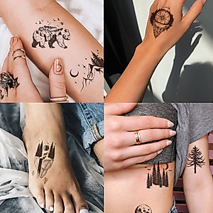 Ooopsiun 30 Sheets Small Black Mountain Planet Temporary Tattoos for Men Women - Unique Realistic Waterproof Forest Triangle Designs Body Art Tattoos for Adults