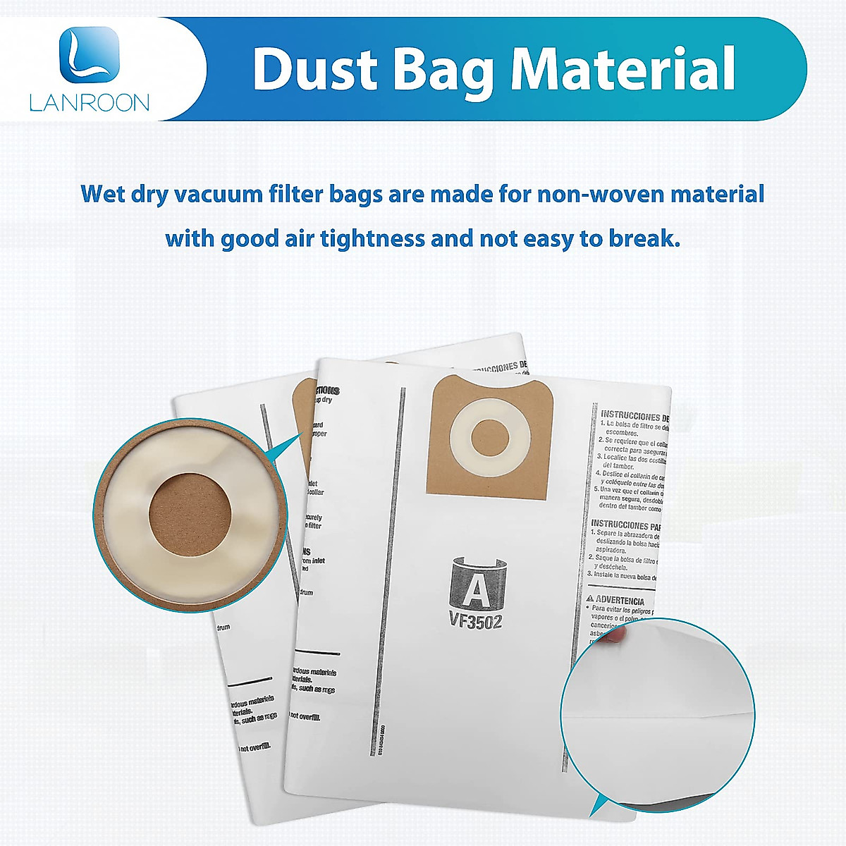 LANROON 12 Pack Replacement 23743 VF3502 Vacuum Bags Compatible with Ridgid 12-16 Gallon Vacuum WD1950 WD1956 WD1850 WD1851 RV2400HF WD1450 WD1680 WD1270