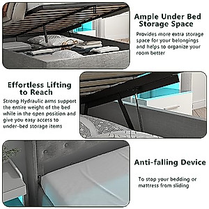 Loomie Queen Lift Up Bed Frame with Charging Station & LED Lights, Upholstered Bed with Button Tufted Wingback Storage Headboard, Hydraulic Storage, No Box Spring Needed, Wood Slats Support,Light Grey