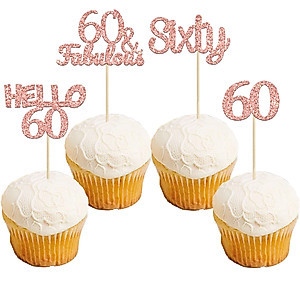 Gyufise 24Pcs Rose Gold Glitter 60th Birthday Cupcake Toppers Hello 60 Sixty Cake Toppers 60 & fabulous Cupcake Picks 60th Birthday Cake Decorations Supplies