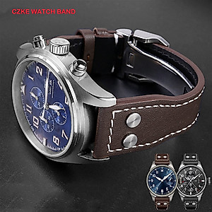 SKM Genuine Leather Rivets Watchband for IWC Big Pilot Spitfire Cowhide Folding Buckle Watch Men Strap 21mm 22mm (Color : Black Silver Clasp, Size : 22mm)