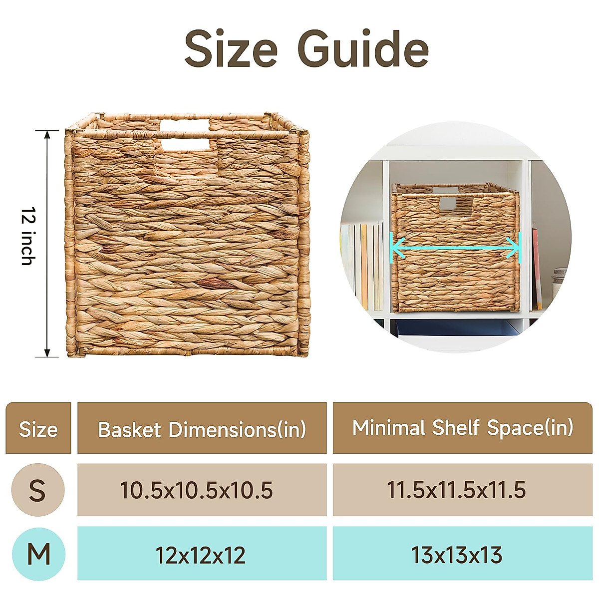 Storage Baskets Wicker Cube Baskets Foldable Handwoven Storage Baskets Bins with Handles Water Hyacinth Laundry Organizer Totes with Letter Boards and White Markers Set of 6 Pcs,12x12x12inch