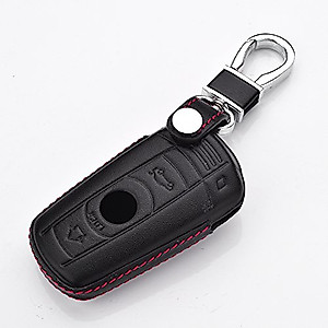 Royalfox(TM) Luxury 3 Buttons Genuine Leather Smart keyless Entry Remote Key Fob case Cover for BMW 1 2 4 5 6 Series,for bmw old smart key,with Keychain