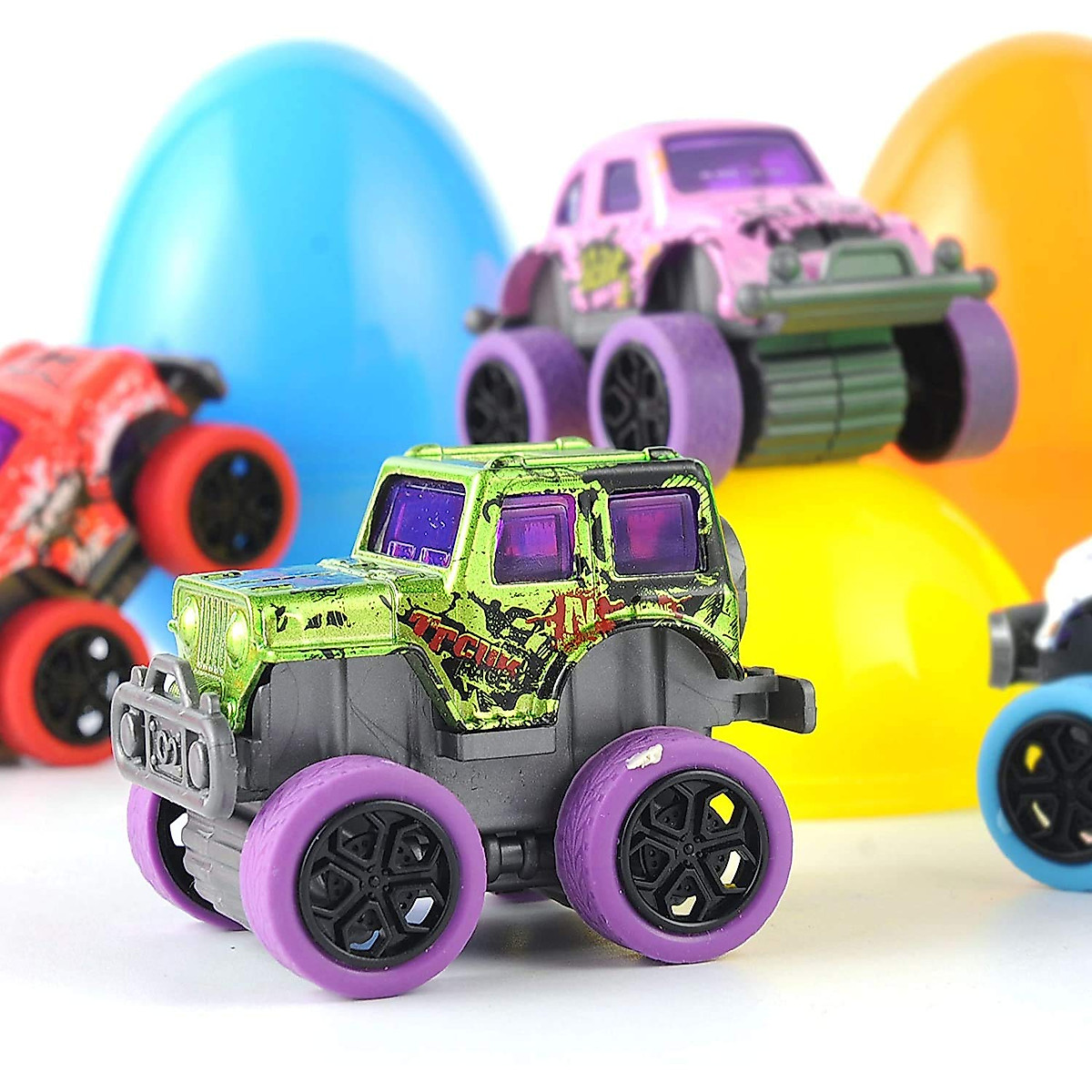 JOYIN 12 Pcs Easter Eggs Filled with Pull Back Monster Cars, Easter Egg Prefilled with Trucks for Kids ​Easter Egg Hunt, Basket Stuffers Filler and Classroom Prize Supplies